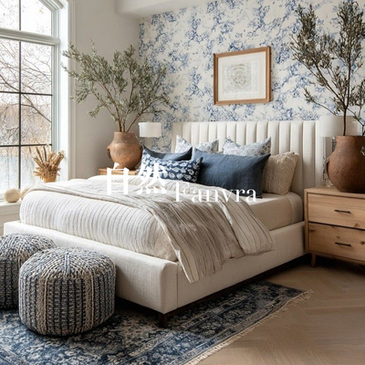 美式自然风白色布艺床双人软包床