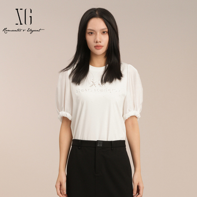 XG雪歌莫代尔棉字母印花T恤女短袖25夏款泡泡袖上衣XK201022A151