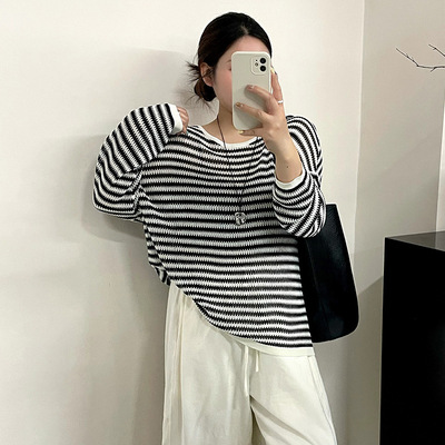新款23823大码女装撞色条纹衫女2026夏款胖mm休闲显瘦长袖针织衫