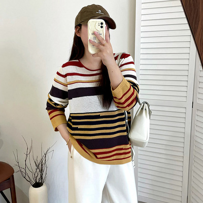大码女装镂空外搭长袖上衣女条纹衫2025秋款显瘦针织衫23125乃粒