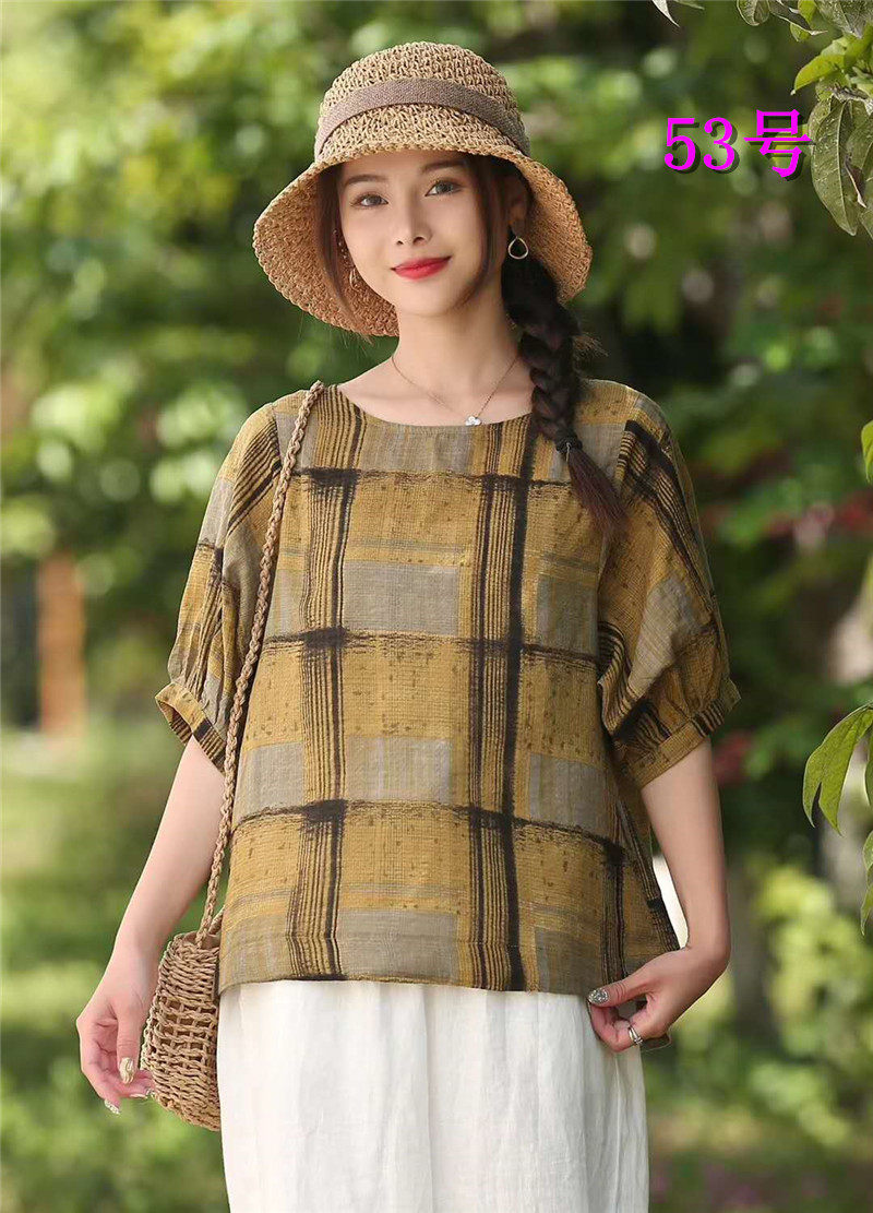 E545夏季新款舒适棉麻印花圆领衬衫宽松气质百搭女上衣甜美0.11_虎窝淘