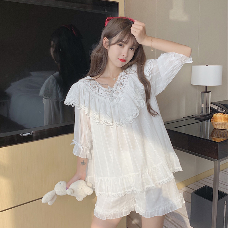 大码女装2026春夏新款胖妹妹mm甜美睡衣公主风蕾丝短袖家居服套装