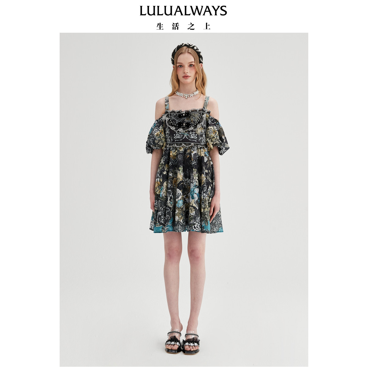LULUALWAYS【商场同款】个性露肩泡泡袖复古提花连衣裙