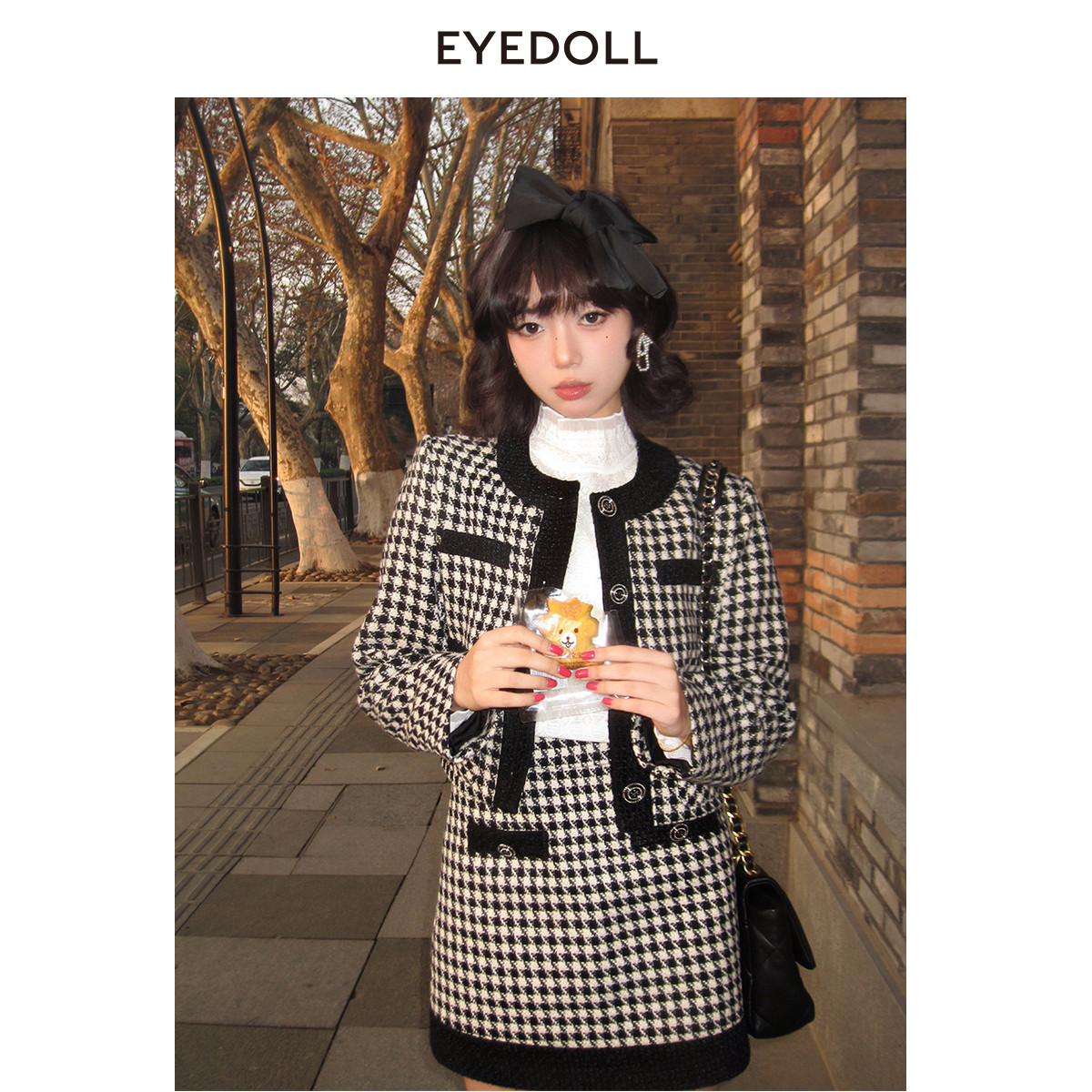 EYEDOLL新款气质优雅通勤千鸟格圆领毛呢外套