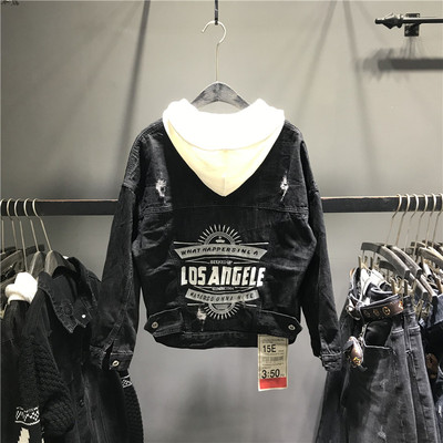 休闲破洞后背刺绣牛仔外套女