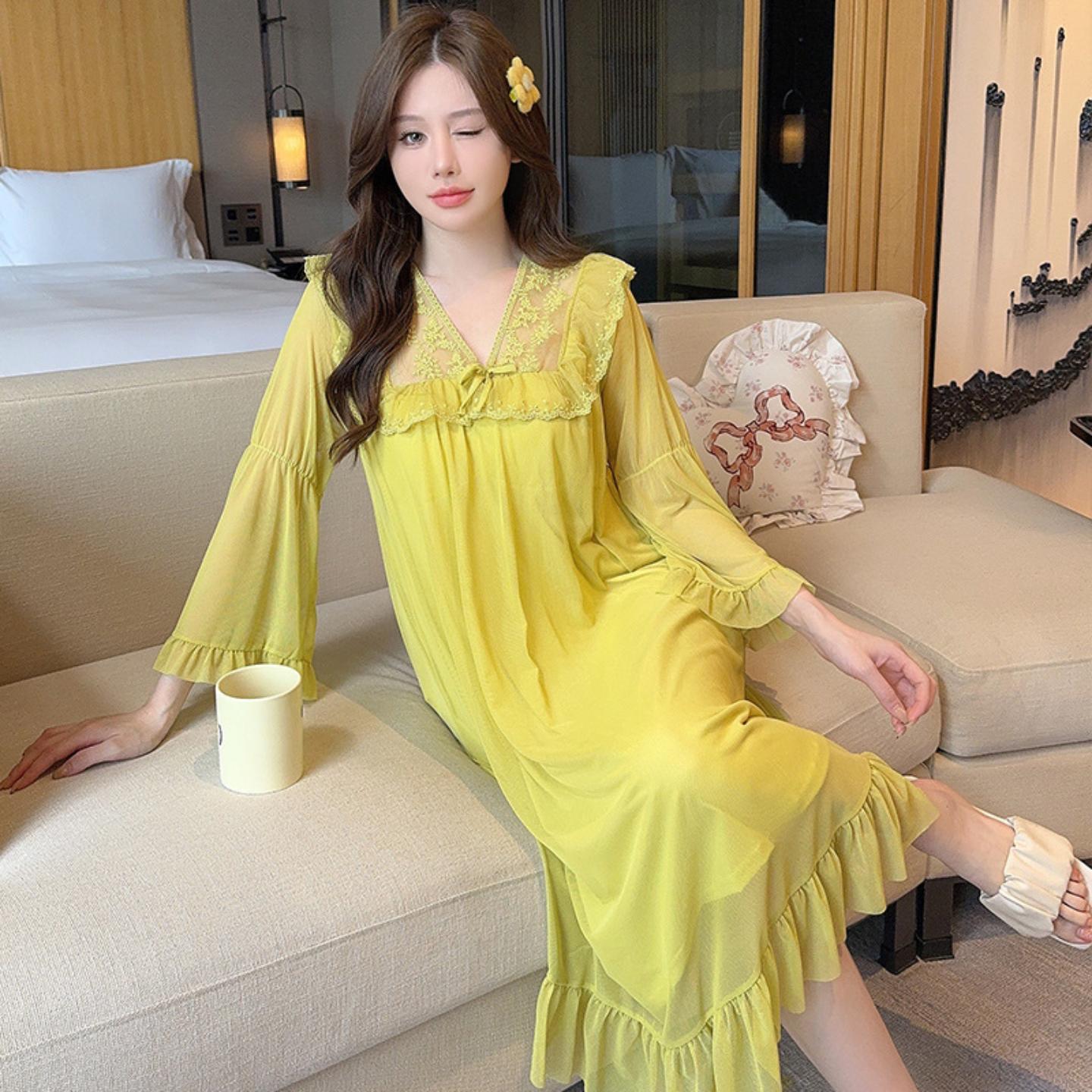 凌蕾春秋纯色V领蕾丝结网纱宫廷公主风中长睡裙睡衣家居服