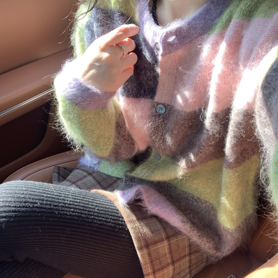 诺诺小众设计毛撞色拼圆领开衫保暖毛衣（含90.9绵羊毛）M85-007