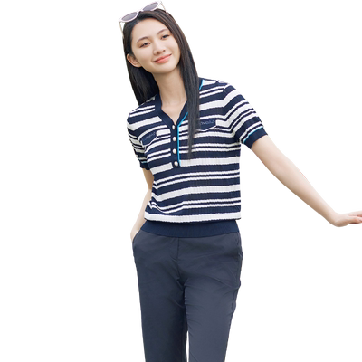 歌蒂诗夏季专柜新款经典条纹撞色V领设计针织短袖女1E23Z1542