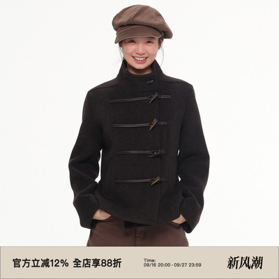 复古牛角扣收腰短款毛呢外套