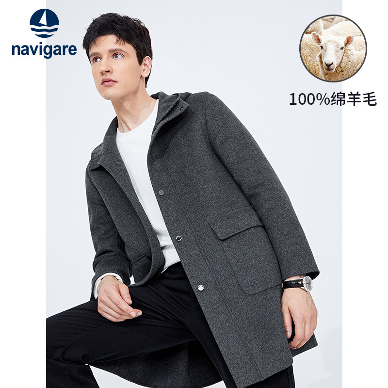 [纯羊毛]Navigare意大利小帆船灰色毛呢大衣男秋季中长款风衣外套