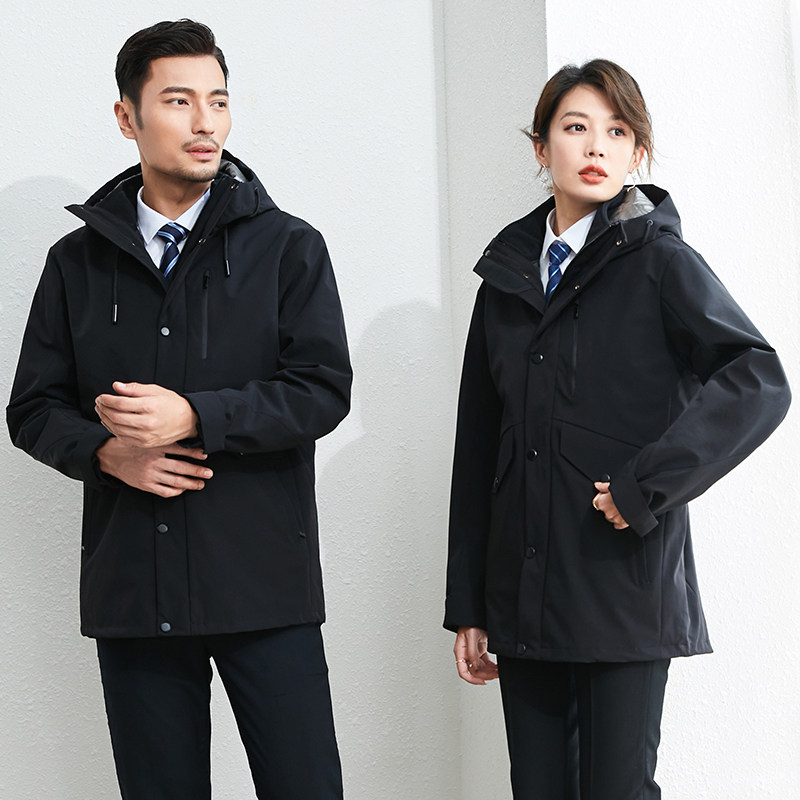 职业羽绒服男女同款可拆卸内胆职业工装外套活里活面工作服黑色冬