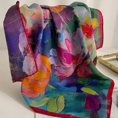 2025新款油画风彩色花朵小方巾丝巾女春秋夏季空调披肩围巾妈妈款