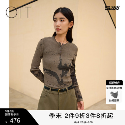 OTT秋款满幅图案显瘦女针织衫