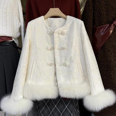 新中式国风盘扣羽绒服外套女2024狐狸毛袖子高级提花上衣 88-1271