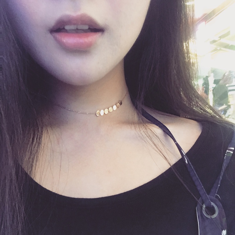 日韩简约韩国纯10k14k黄金项链女 7个圆片亮片锁骨链短款颈链欧美_虎窝淘