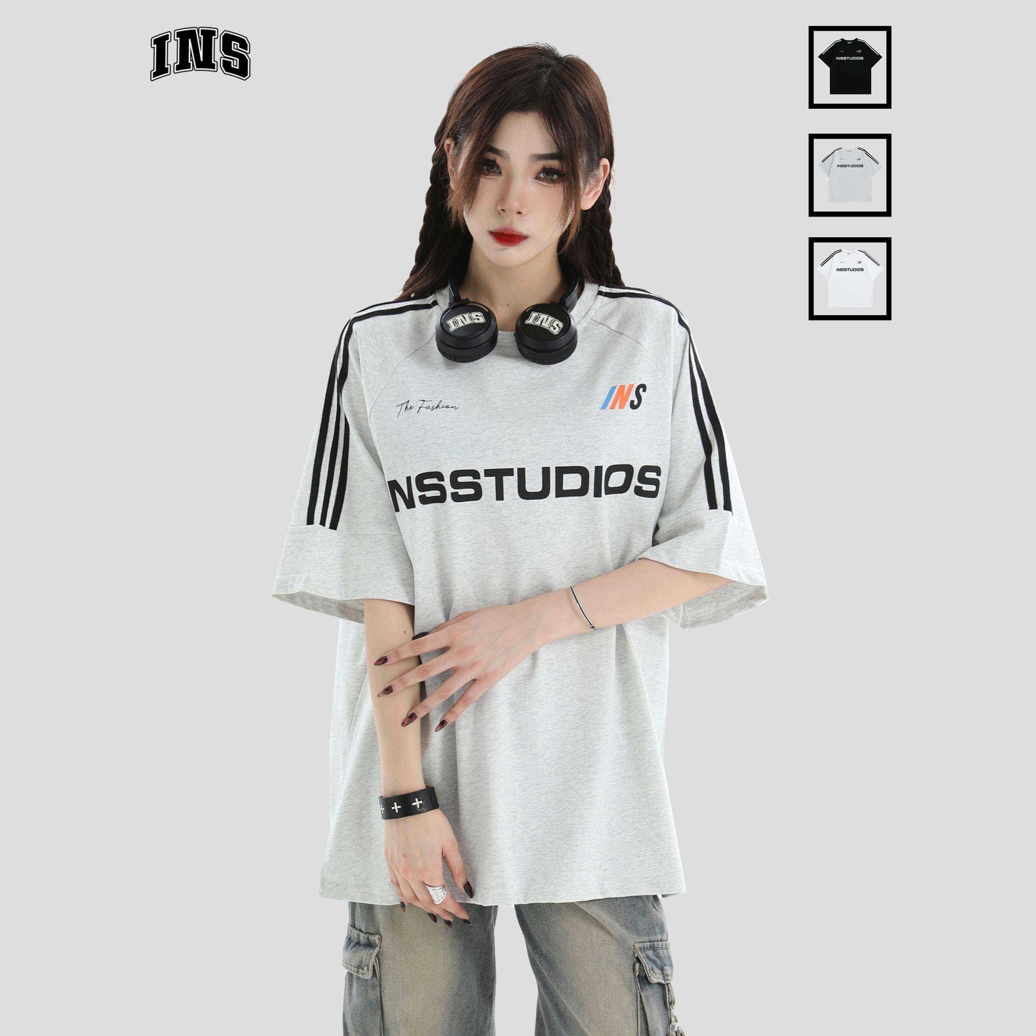 INSstudios 国潮牌情侣美式织带拼接印花LOGO插肩短袖宽松半袖T恤
