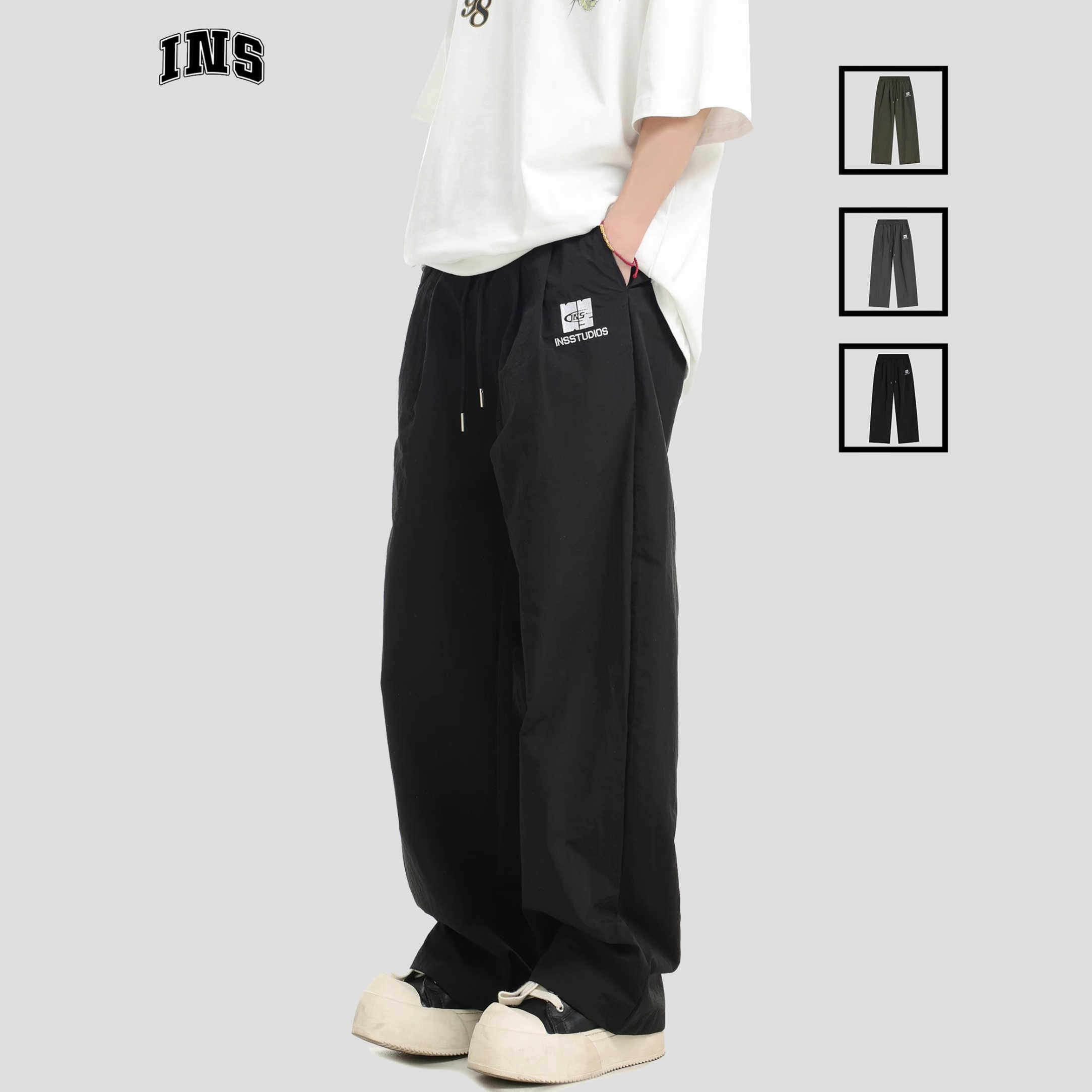 INSstudios 国潮牌情侣美式刺绣LOGO速干休闲裤宽松运动伞兵裤男