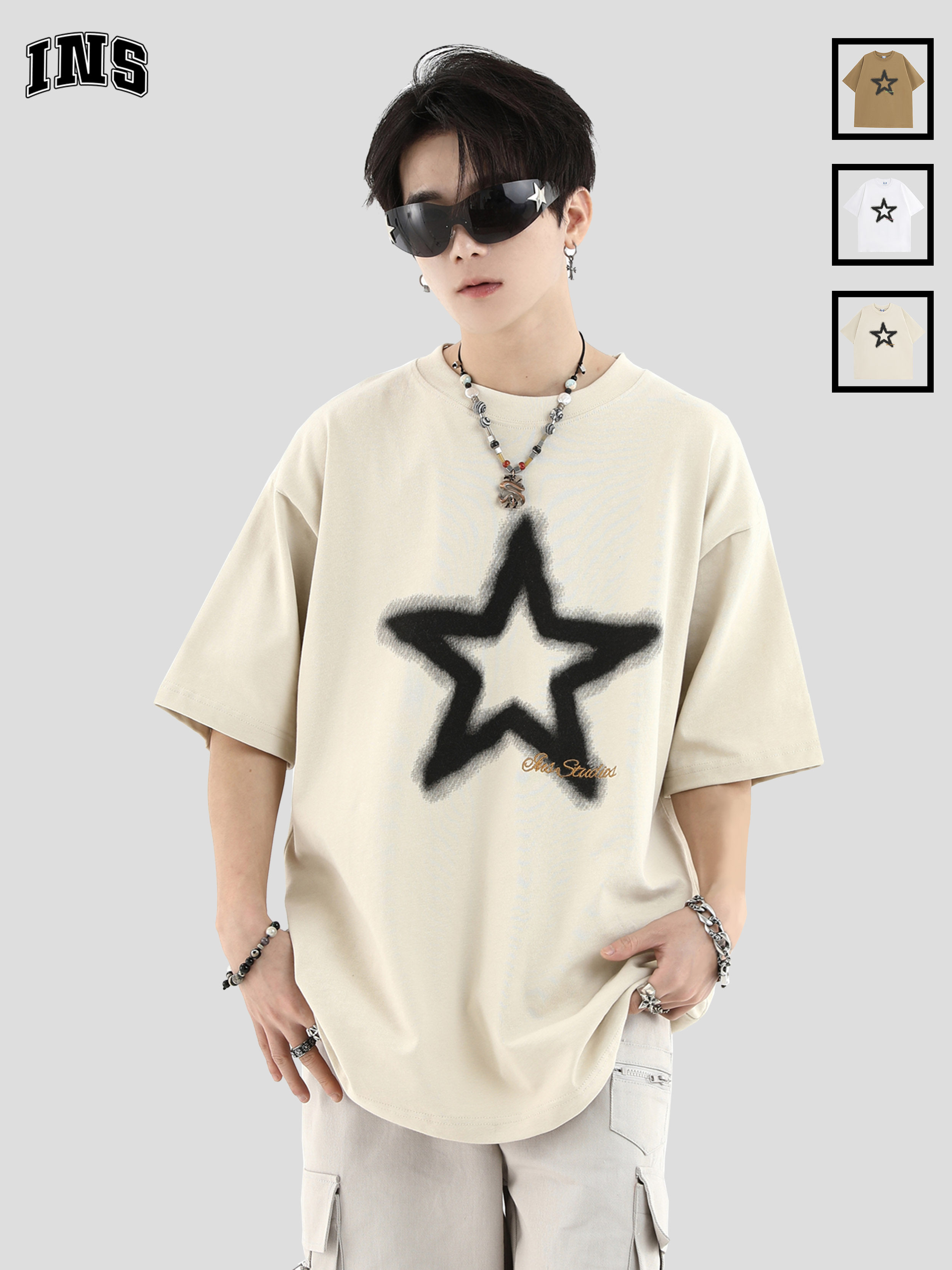 INSstudios国潮牌情侣美式手绘涂鸦星星LOGO短袖宽松重磅纯棉T恤_虎窝淘