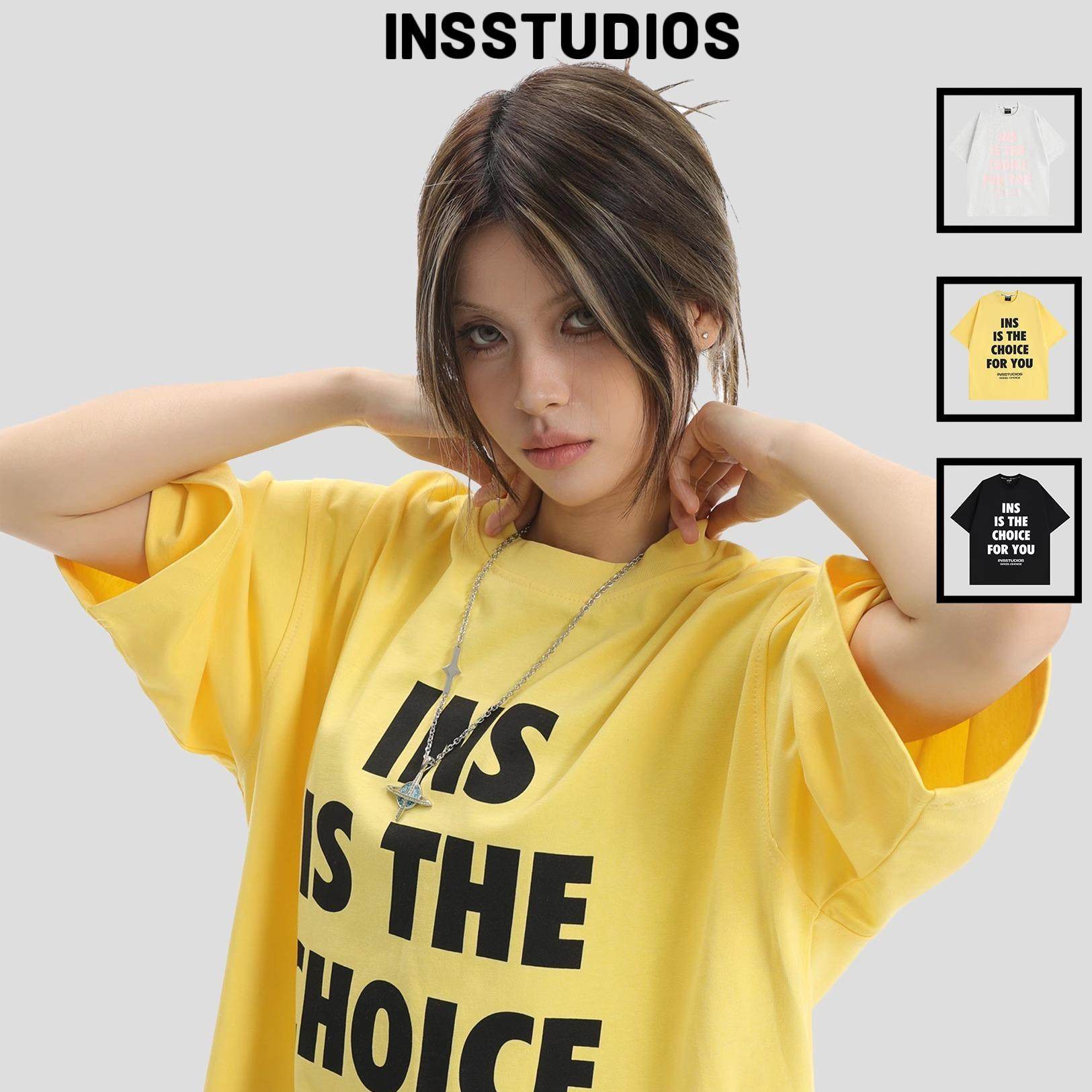 INSstudios 国潮牌情侣美式字母印花LOGO黄色短袖宽松棉打底t恤