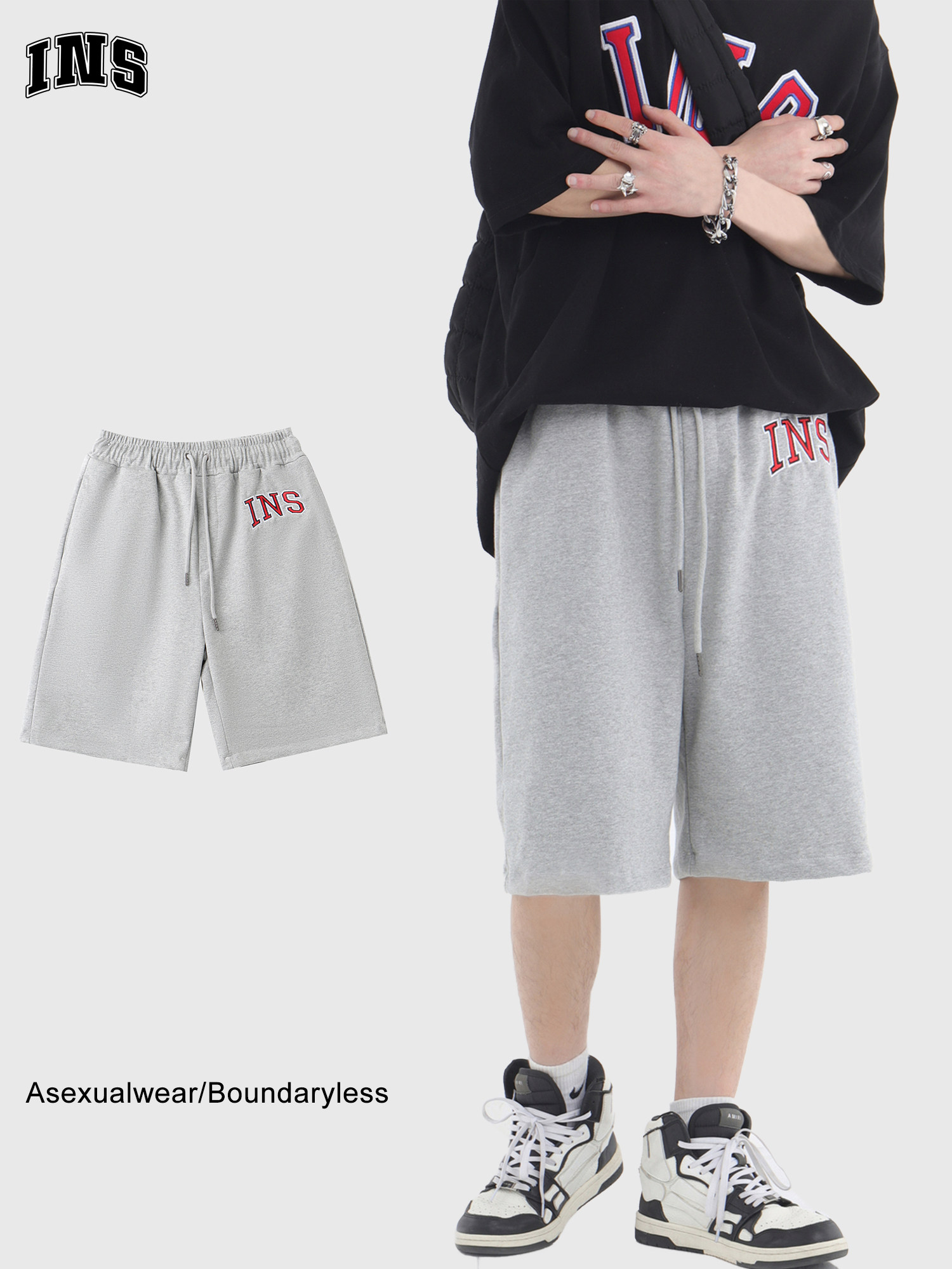 INSstudios拱形LOGO短裤自制国潮情侣嘻哈法式圈织软休闲卫裤男_虎窝淘