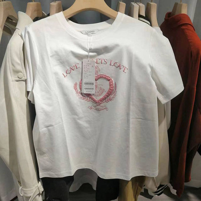 【凉感抗菌】Lagogo拉谷谷设计感印花白T恤2025夏新款正肩短袖女