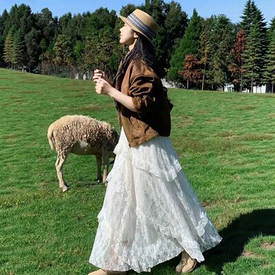 复古拼接蕾丝白色半身裙女2026春夏款蓬蓬蛋糕裙网纱显瘦a字长裙