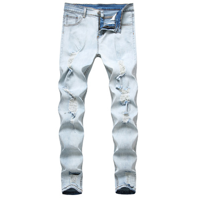 Slim feet scraped denim trousers youth ripped men's