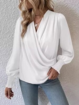 女式纯色灯笼袖V领T恤上衣