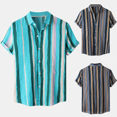 2021 Summer Men's Short Sleeve Shirt Casual Striped Printed