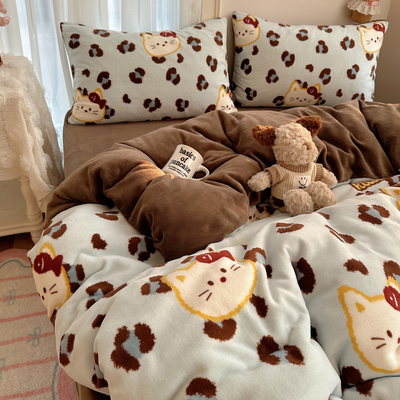 可爱kt猫牛奶绒四件套少女奶油风