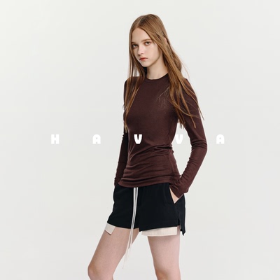 HAVVA修身显瘦圆领长袖T恤薄款弹力女士打底衫2026年春季T3-5268