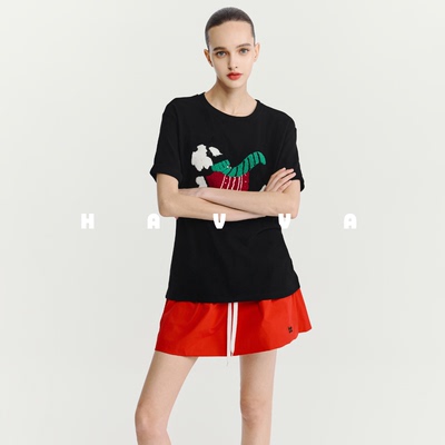 HAVVA设计感圆领短袖加绒加厚T恤卡通图案女上衣2025秋冬T3-4516