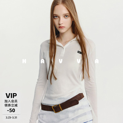 HAVVA中长款Polo领长袖T恤修身显瘦女士内搭打底衫2026春T3-5317