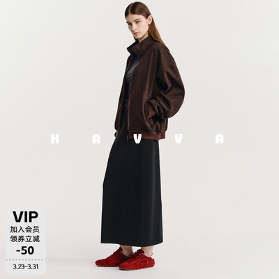 HAVVA设计感后开叉直筒半身裙中长款显瘦女士裙子2026春季S3-5574