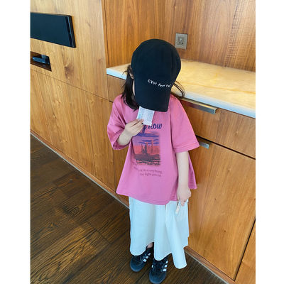 YUSONG◆2025夏季新款女儿童装复古韩版洋气粉色T恤半身长裙套装