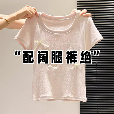 甜美蝴蝶结圆领短袖t恤女夏季2026新款时尚显瘦小众上衣潮A11038