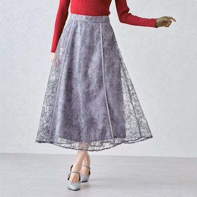 又仙又美~MM家 温柔的氤氲美感 蕾丝花柄刺绣薄纱松紧腰半身裙