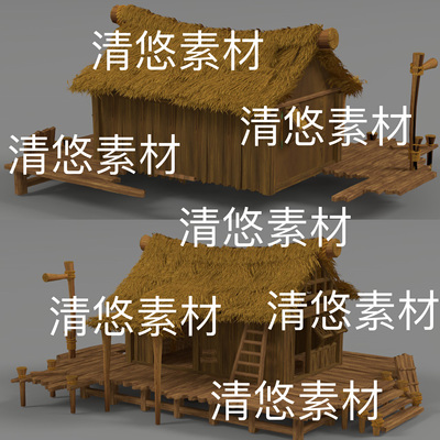 3dmax c4d fbx obj格式古代茅草屋码头小木屋模型文件 非实物D140