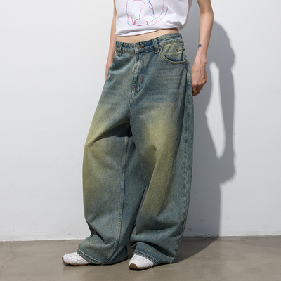 BEASTER复古蓝水洗牛仔裤子男夏薄美式高街阔腿长裤