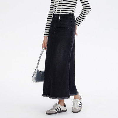 Dekashell/迪卡轩2025秋季新款高腰a字牛仔半裙过膝长款半身裙M221853