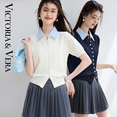 VICTORIA&VERA夏季“空白页法则”减龄别致显瘦短款假两件拼衬衫领排扣针织衫短袖
