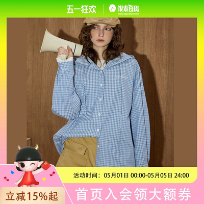 coolhut2025秋季女式时尚美式复古宽松格子连帽外套