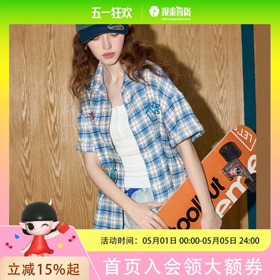 coolhut美式复古学院风短袖格子印花宽松上衣女2025夏季衬衫