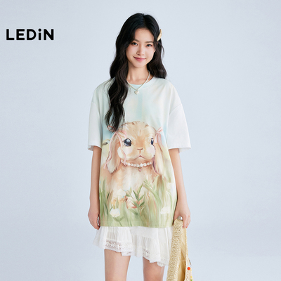 乐町油画满印草原小兔宽松短袖oversizeT恤C1CNF2204