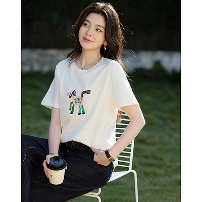 dme德玛纳【全棉织造】都市韩风圆领刺绣短袖宽松小个子遮肉女式t恤G541120126202