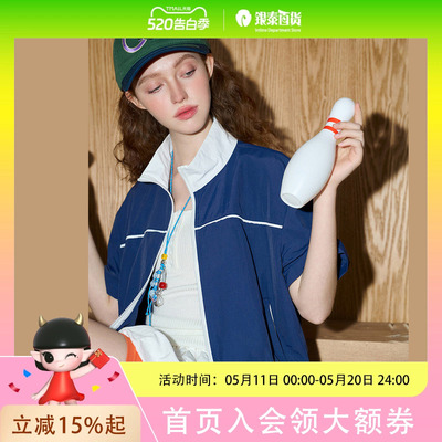 coolhut拼色立领拉链短袖外套宽松休闲2025夏季女式夹克上衣撞色