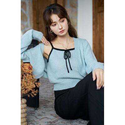 谜秀女2023秋装法式撞色针织吊带+开衫针织两件套MXC43T0139