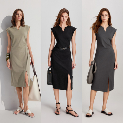 ELLE黑色设计感收腰开叉修身连衣裙女2024夏季简约小众裙子EL47593