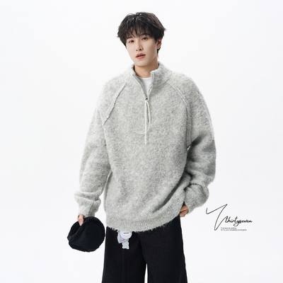 美式解构拼接浅灰色半拉链毛衣