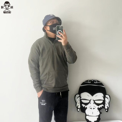 HOUTOU2025秋冬新款半拉链卫衣男女宽松纯棉套头纯色潮牌SUP帽衫